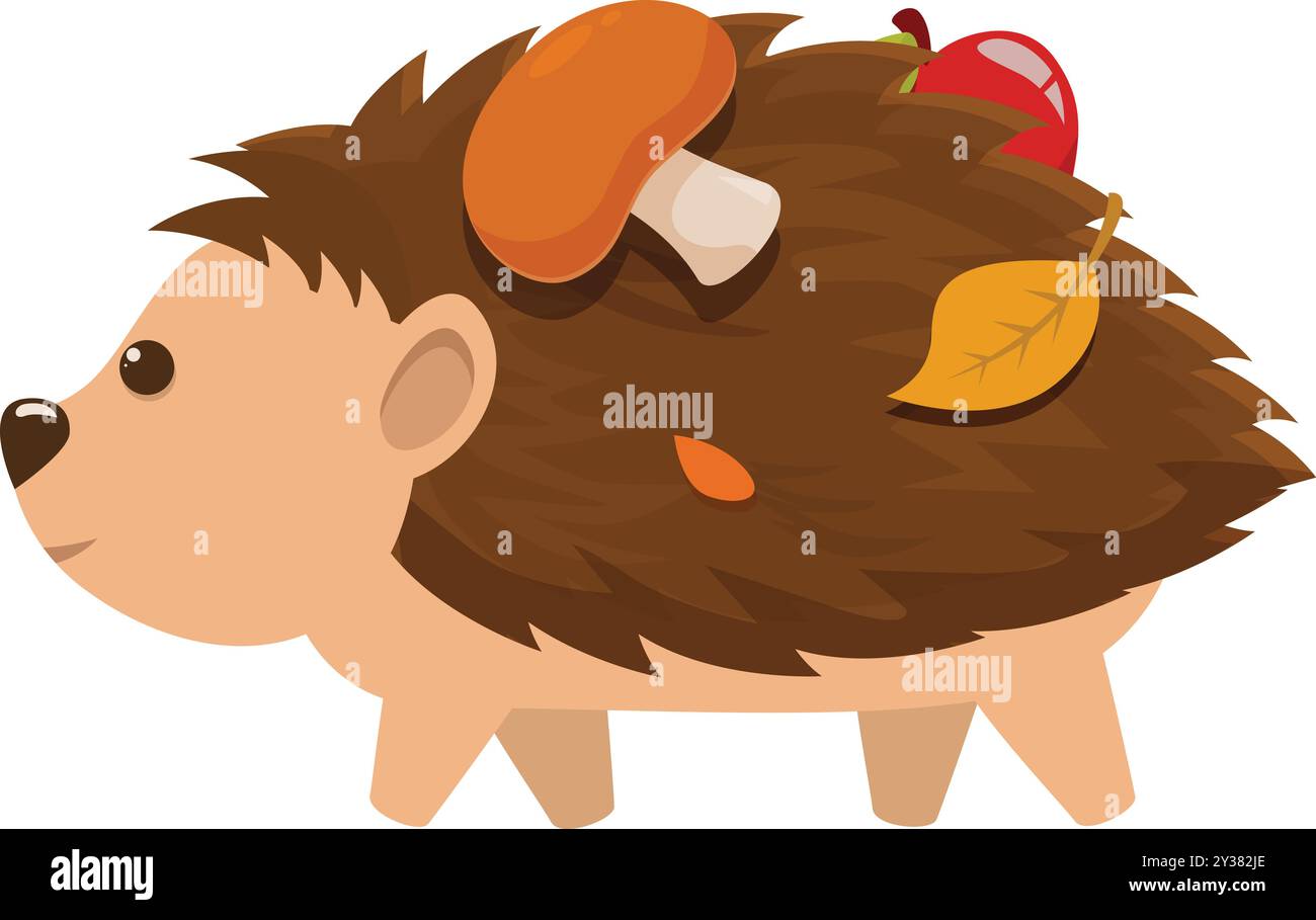 Cute cartoon hedgehog is walking with an apple and mushroom on its back ...