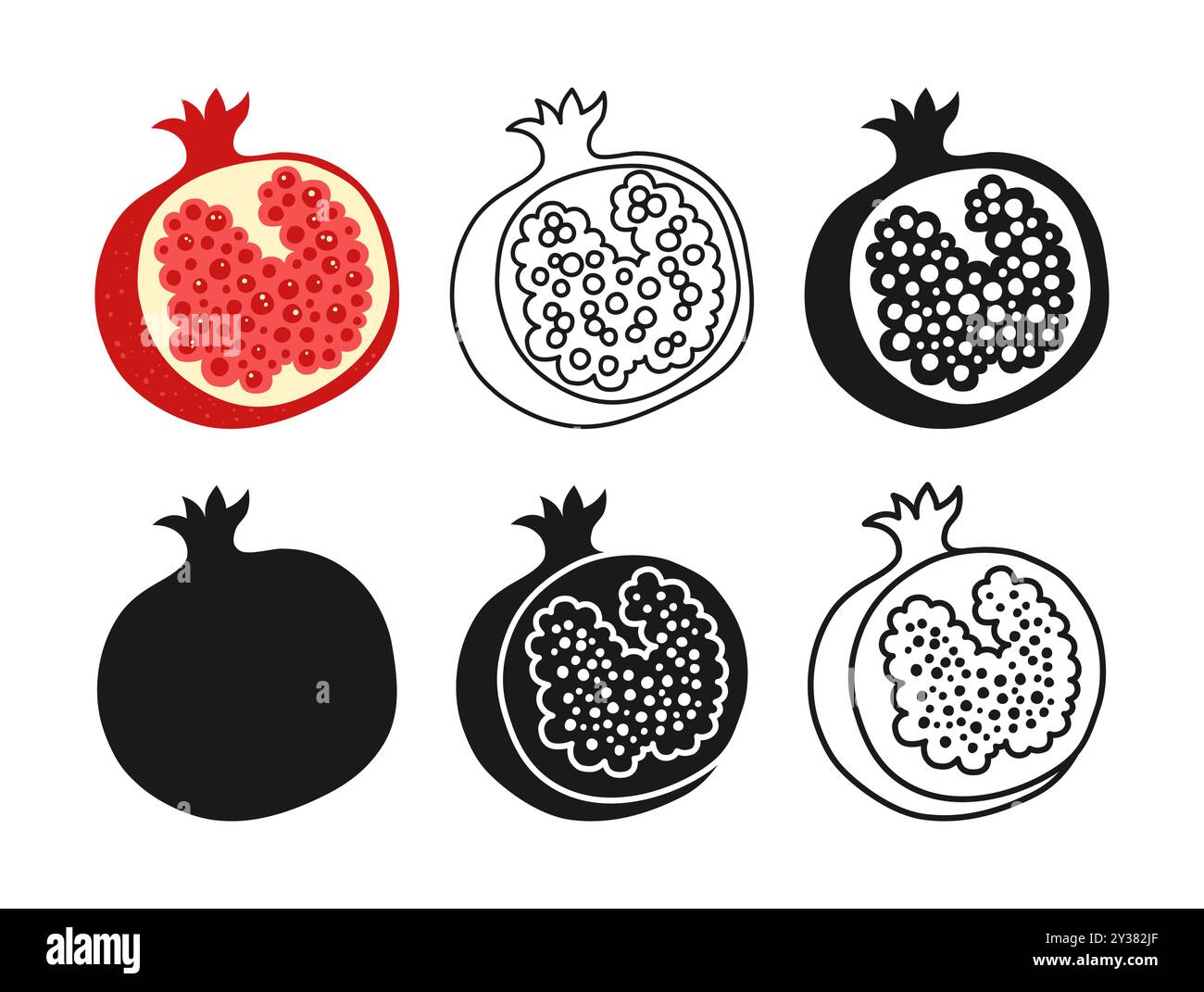 Pomegranate symbol cartoon set. Juicy half red fruit linear doodle icon ...