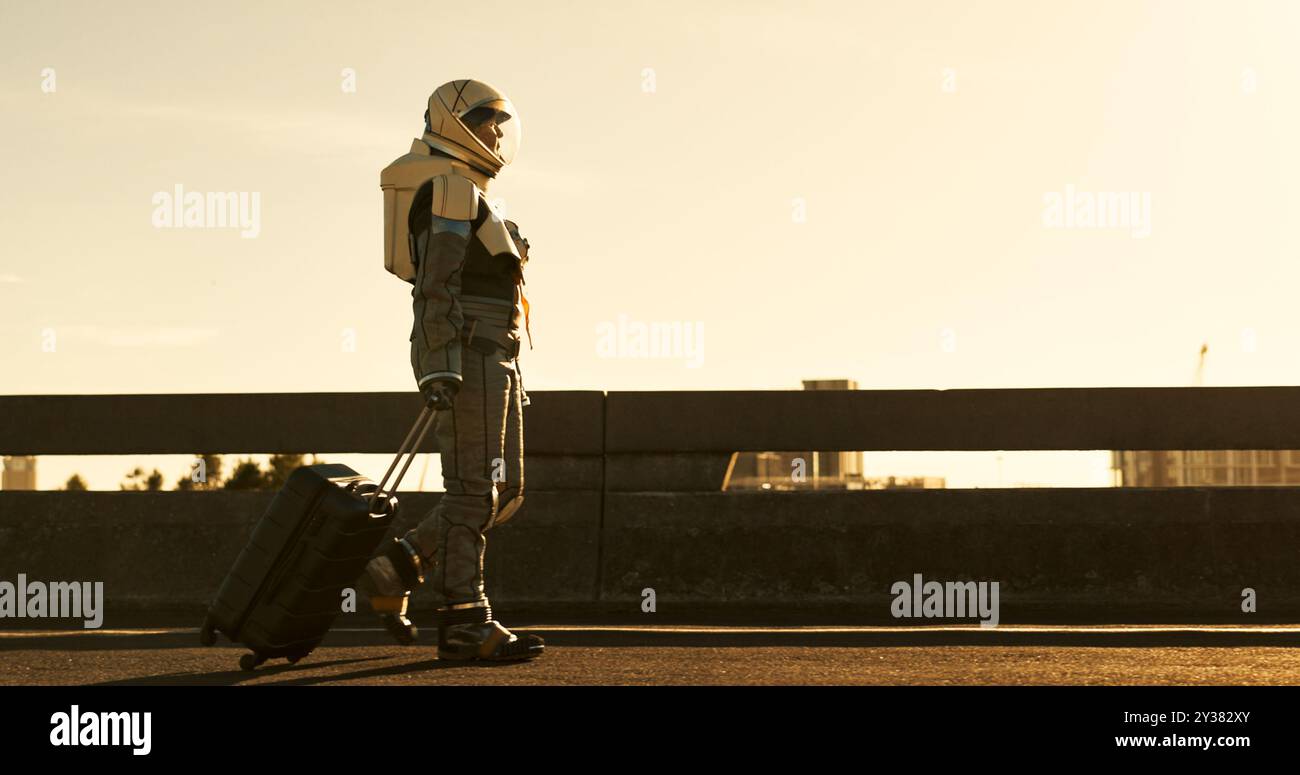 Suitcase, travel and astronaut on highway with future dystopia, road ...