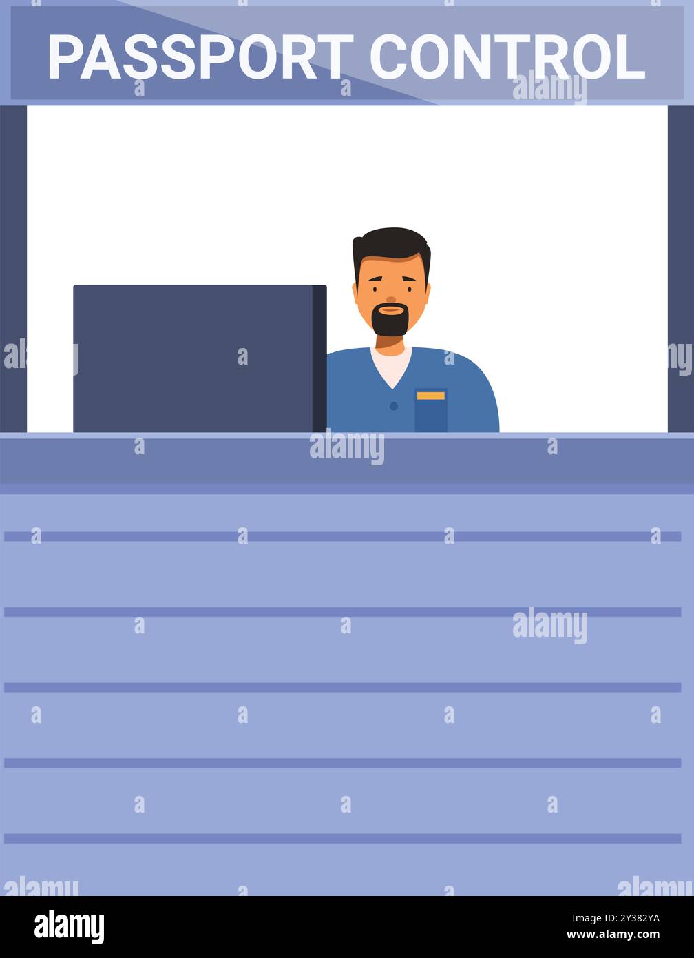 Border control officer standing at his booth, checking passports at the ...