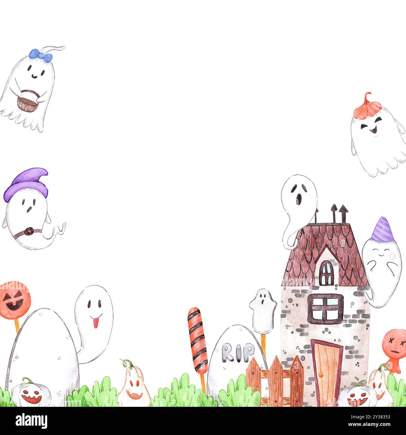 Hand drawn watercolor halloween ghosts and haunted house frame border ...