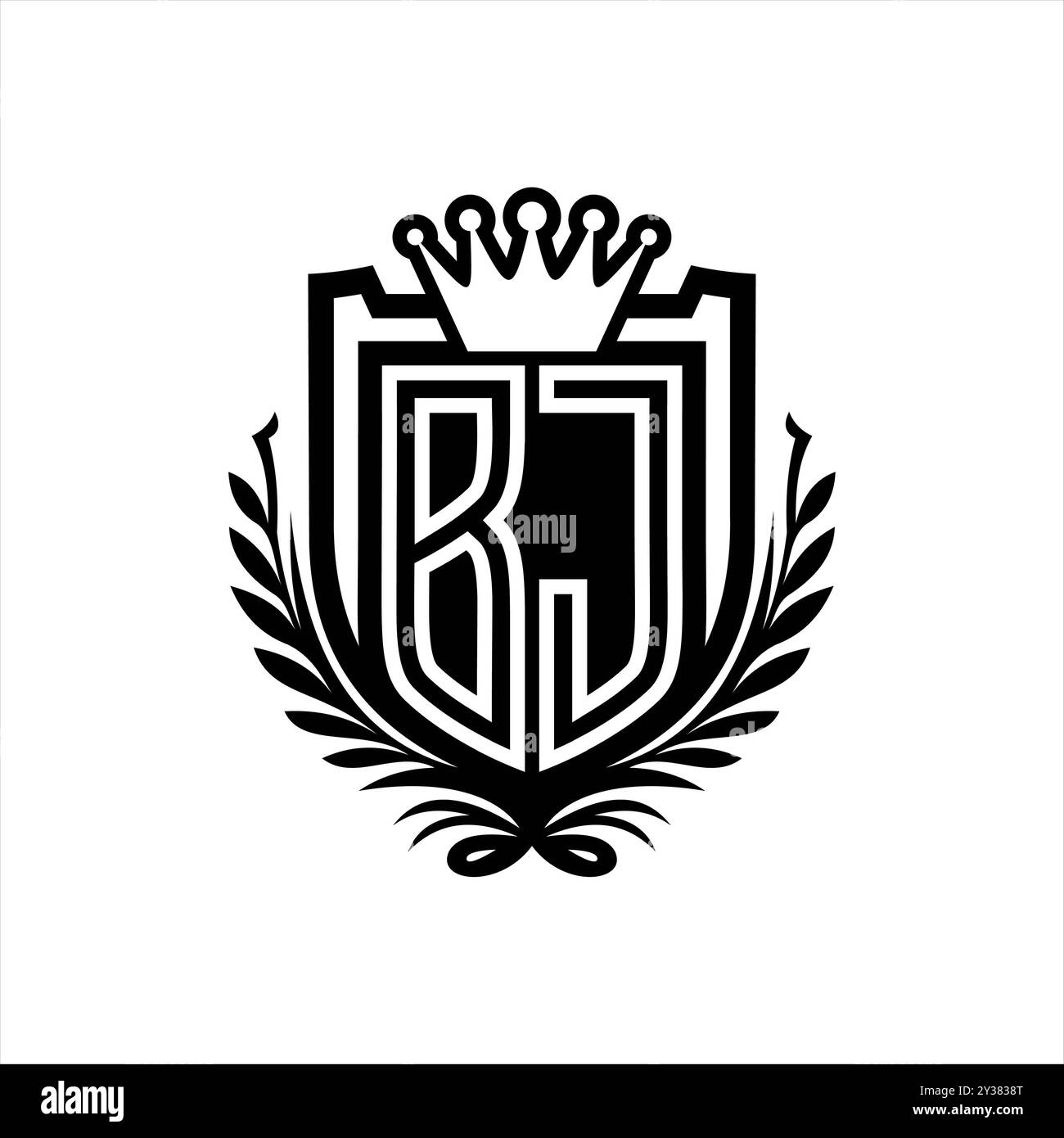 BJ Letter logo heraldic shield shape with crown, vintage shield on ...