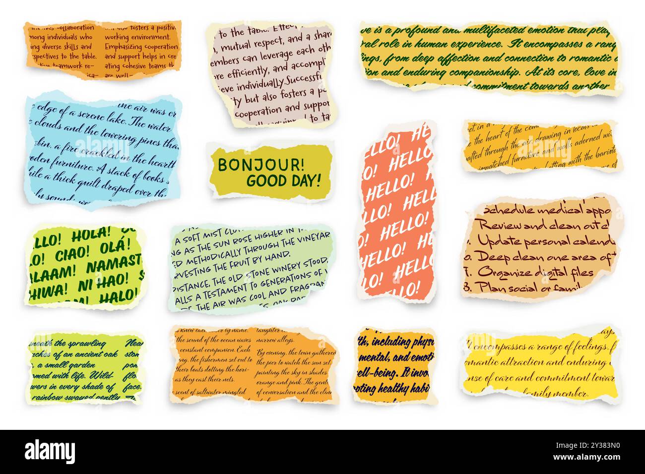 Ripped paper strips with handwritten text. Realistic crumpled paper ...