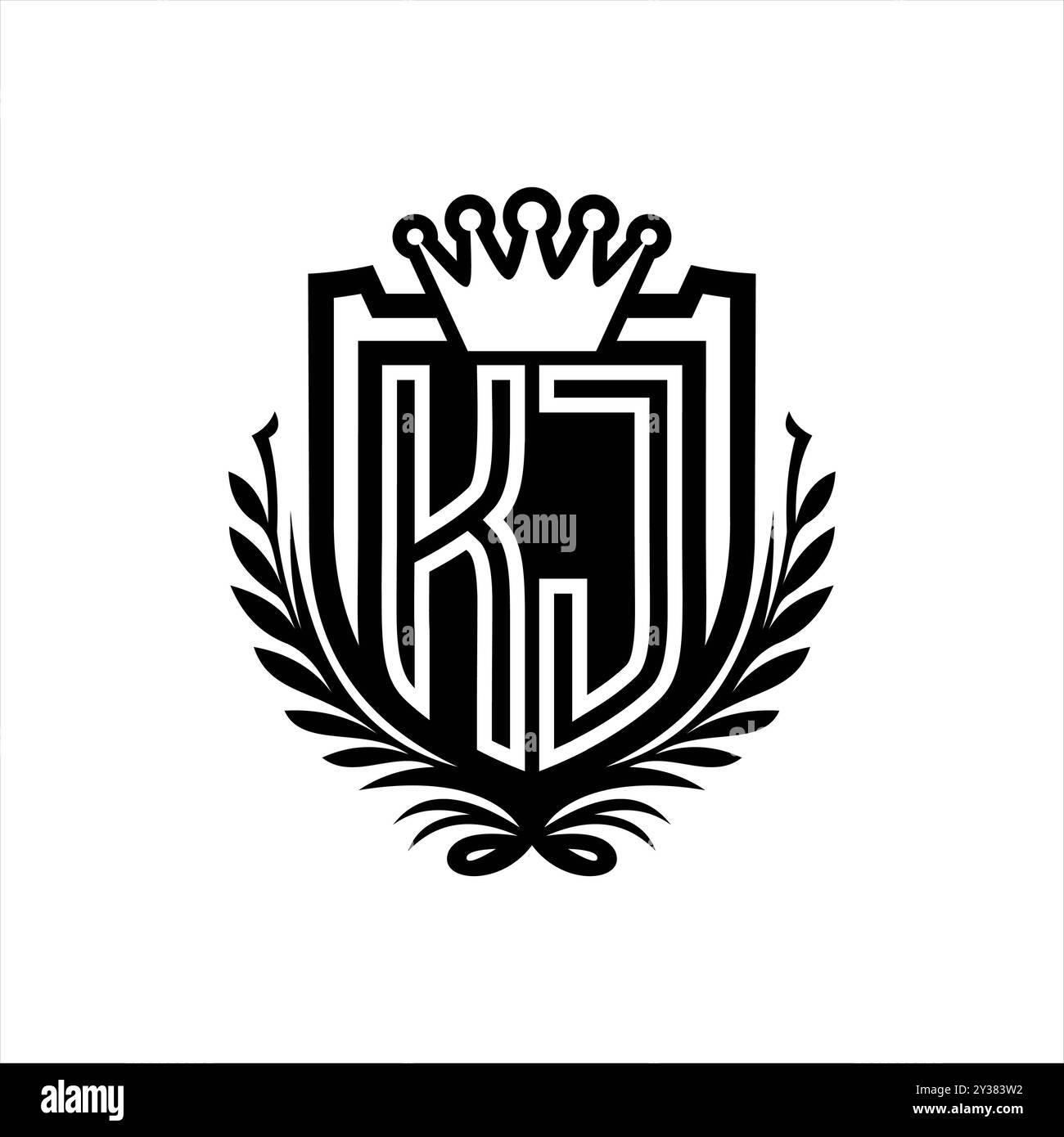 KJ Letter logo heraldic shield shape with crown, vintage shield on ...