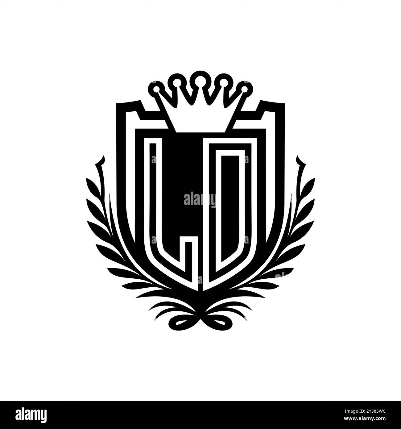 LD Letter logo heraldic shield shape with crown, vintage shield on white background template ...