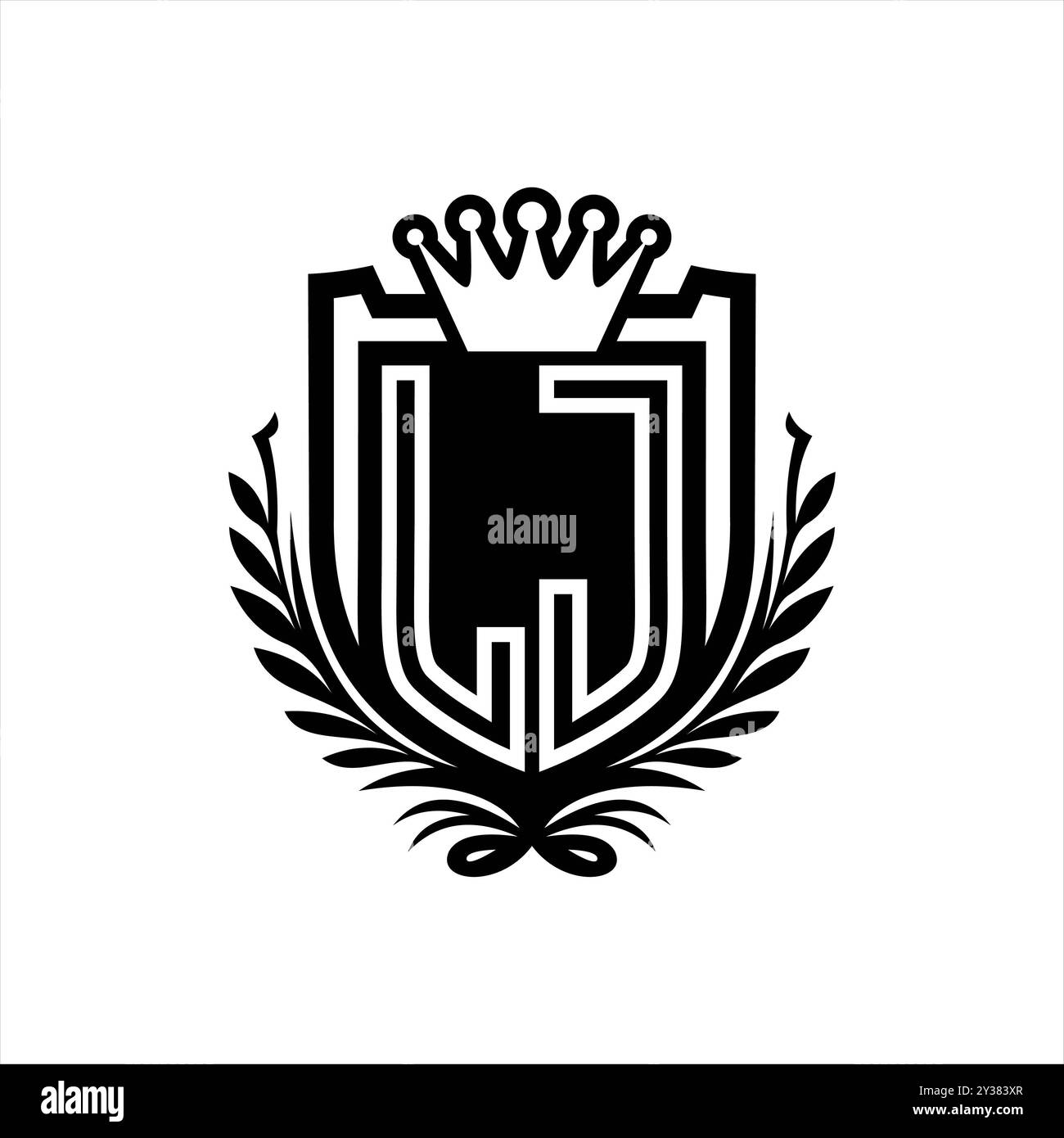 LJ Letter logo heraldic shield shape with crown, vintage shield on white background template ...