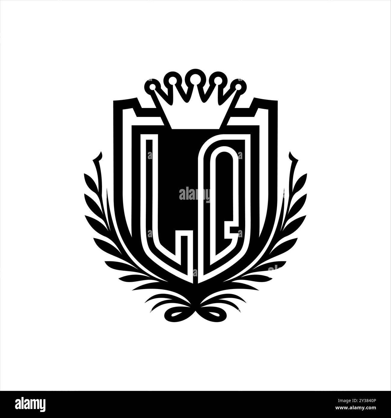 LQ Letter logo heraldic shield shape with crown, vintage shield on white background template ...