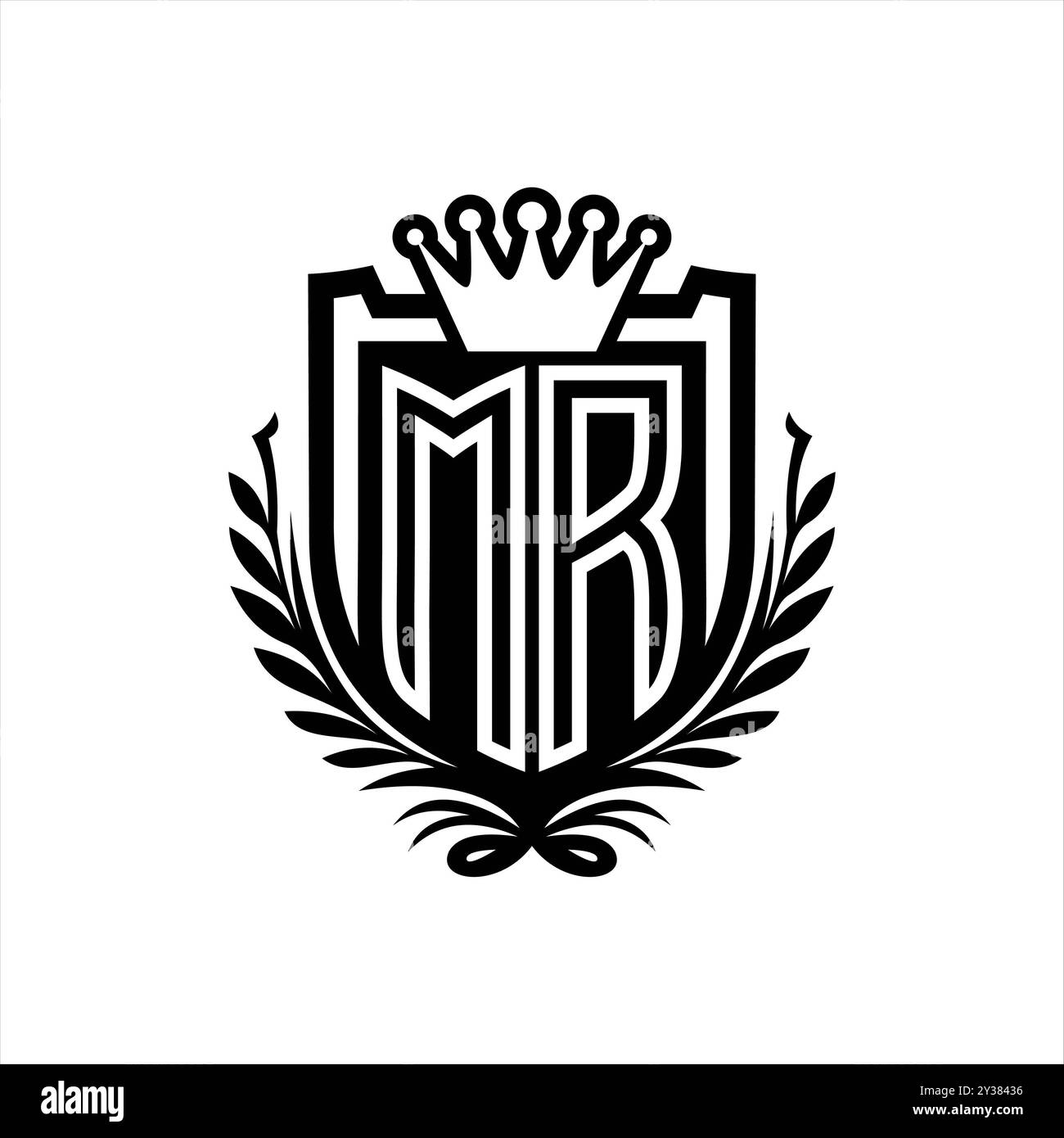 MR Letter logo heraldic shield shape with crown, vintage shield on white background template ...
