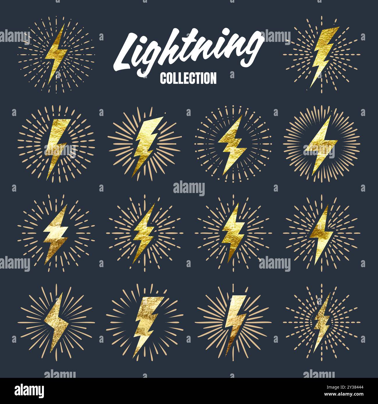 Set of vintage golden lightning bolts and sun rays. Gold foil texture ...