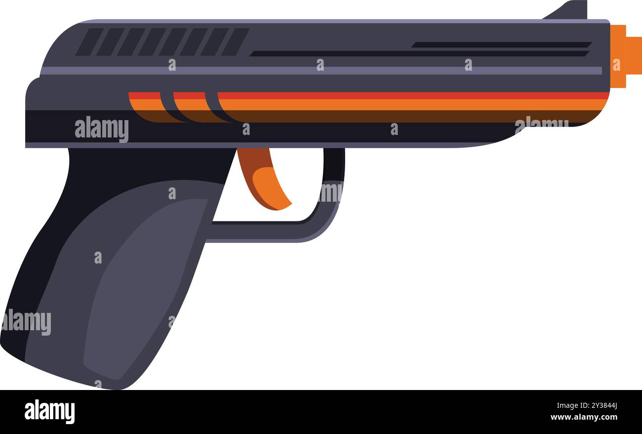 Modern handgun pointing right, with orange details on its body, ready ...