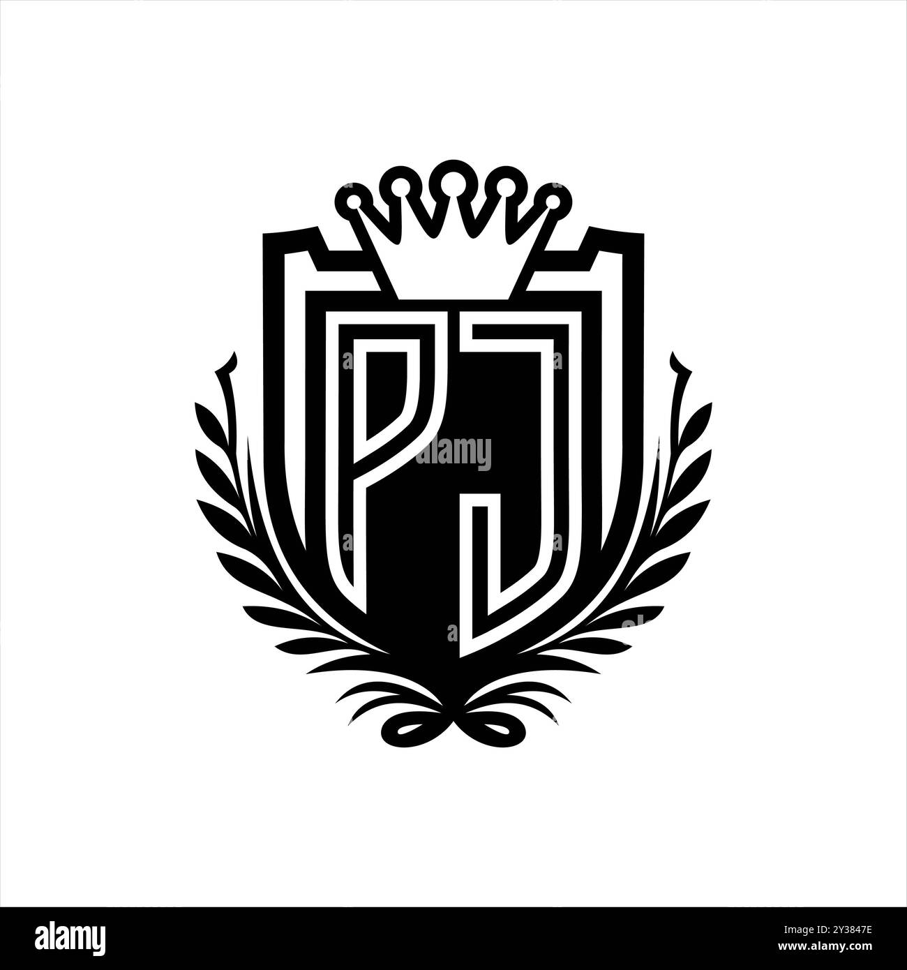 PJ Letter logo heraldic shield shape with crown, vintage shield on ...