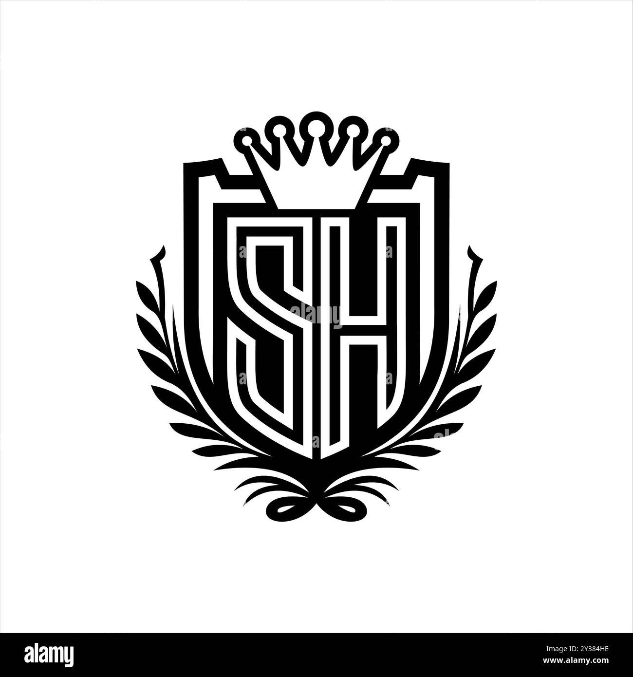 SH Letter logo heraldic shield shape with crown, vintage shield on ...