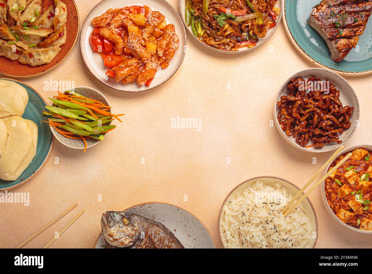 Assorted traditional chinese dishes top view on a table: kung pal ...
