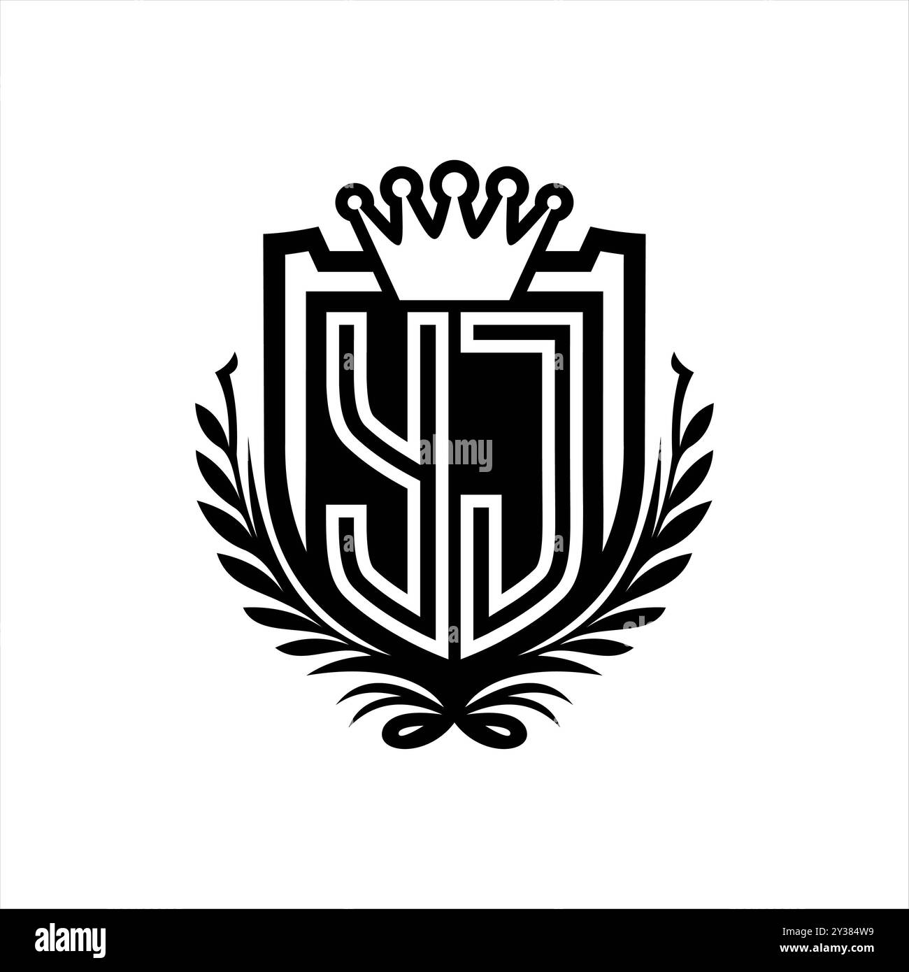 YJ Letter logo heraldic shield shape with crown, vintage shield on ...