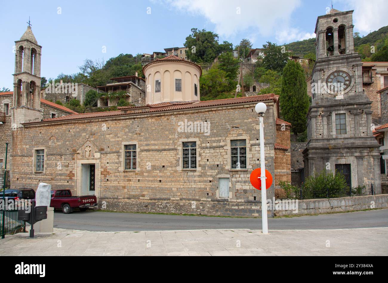Taxiarches church and its tower clock at Lagkadia village,Arkadia ...