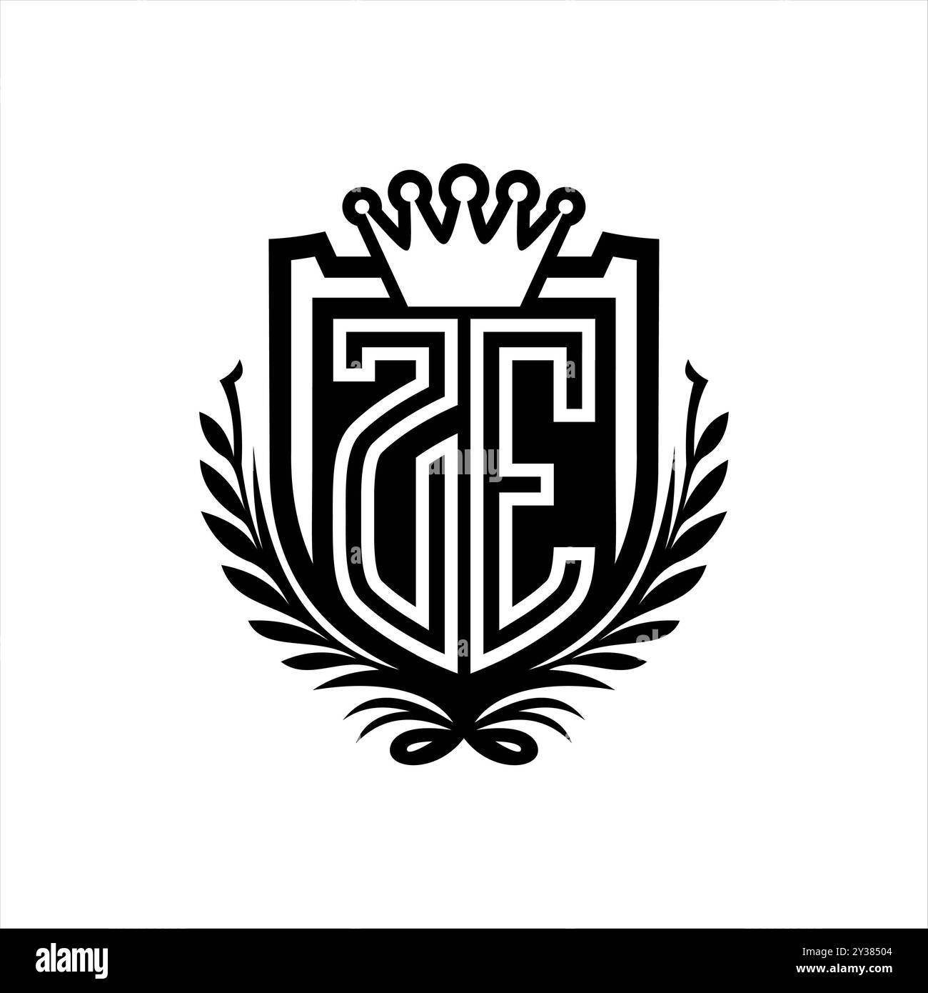 ZE Letter logo heraldic shield shape with crown, vintage shield on ...