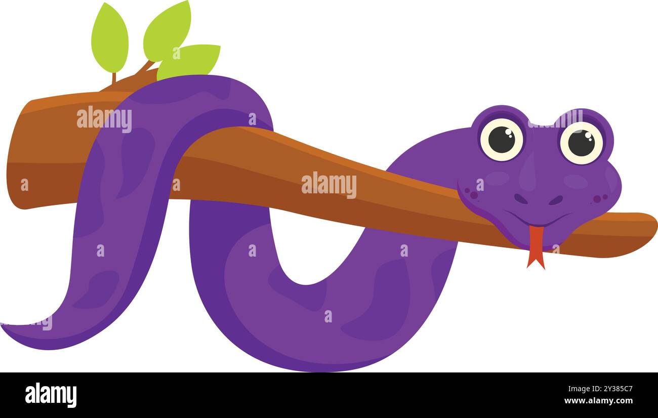 Cartoon purple snake is hanging on a tree branch, sticking its tongue ...