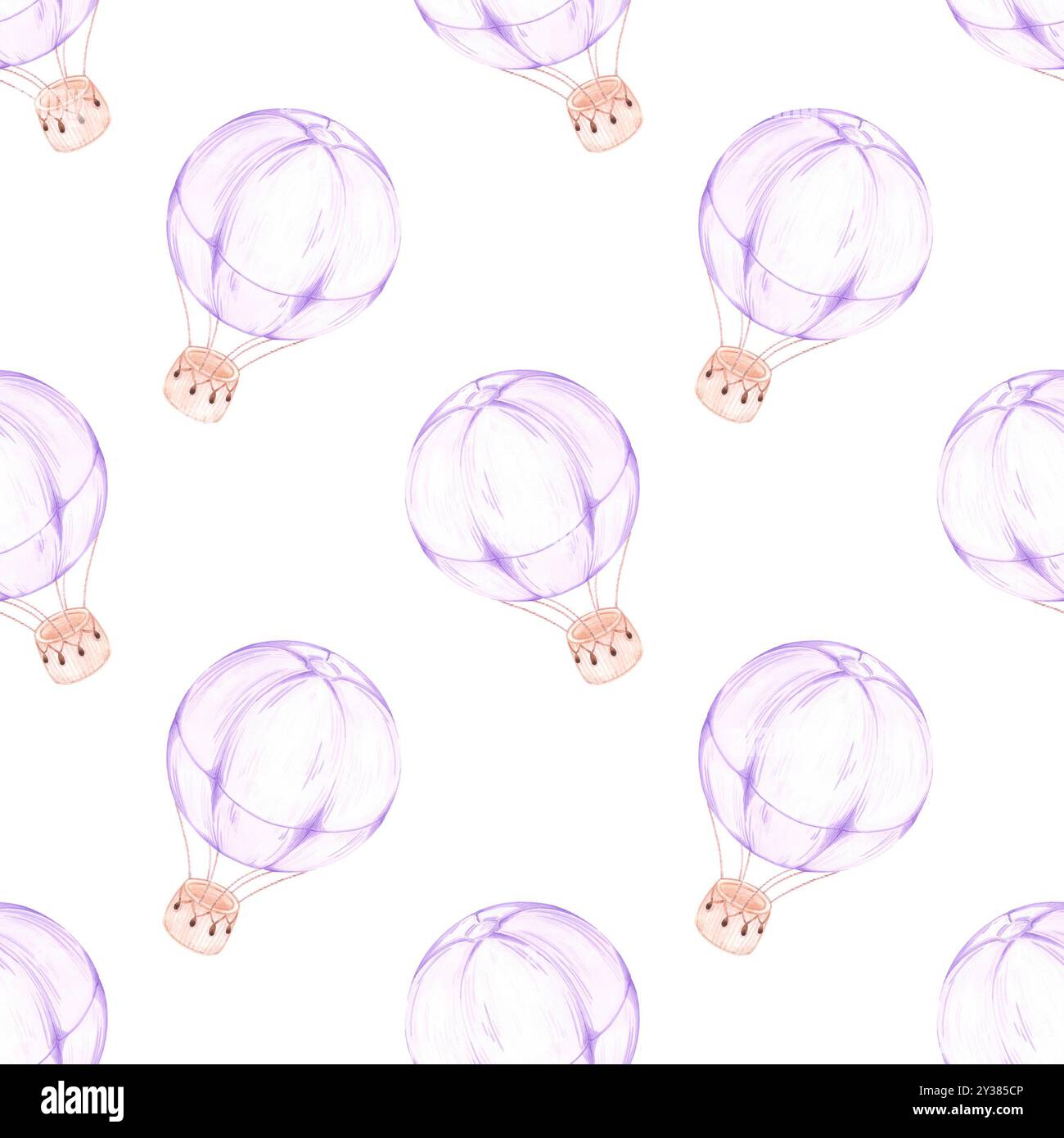 Hand drawn watercolor purple hot air balloon seamless pattern isolated ...