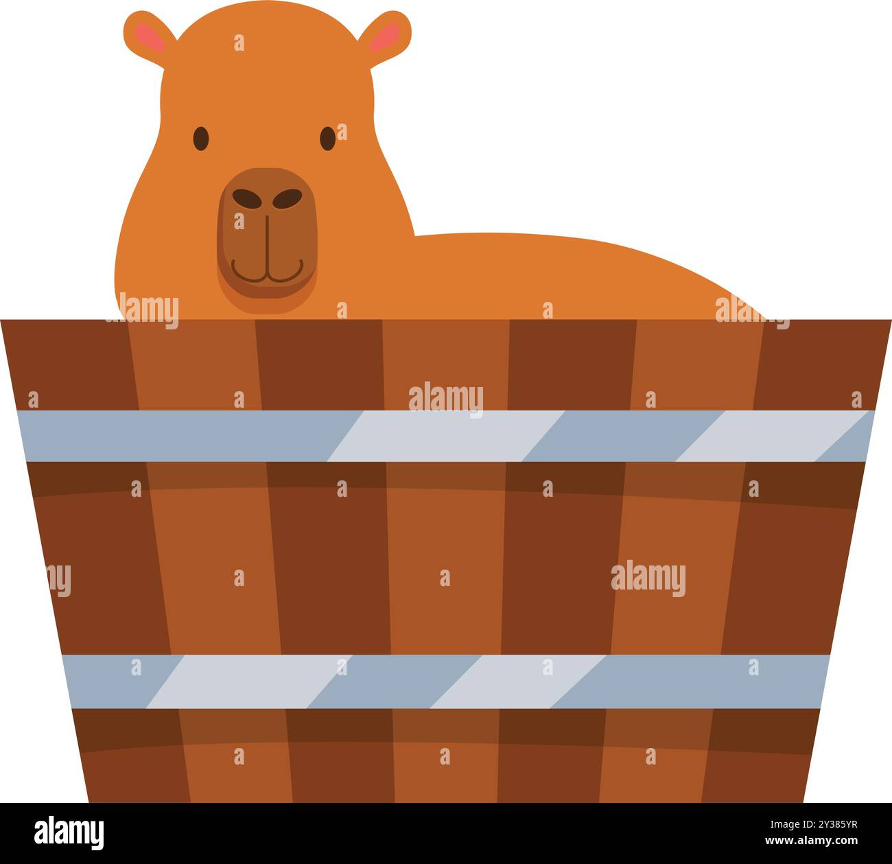 Cute cartoon capybara is relaxing in a wooden barrel, enjoying a hot ...