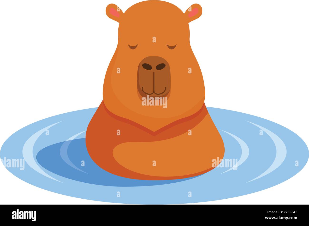 Cartoon capybara is enjoying a peaceful moment while bathing in a lake ...