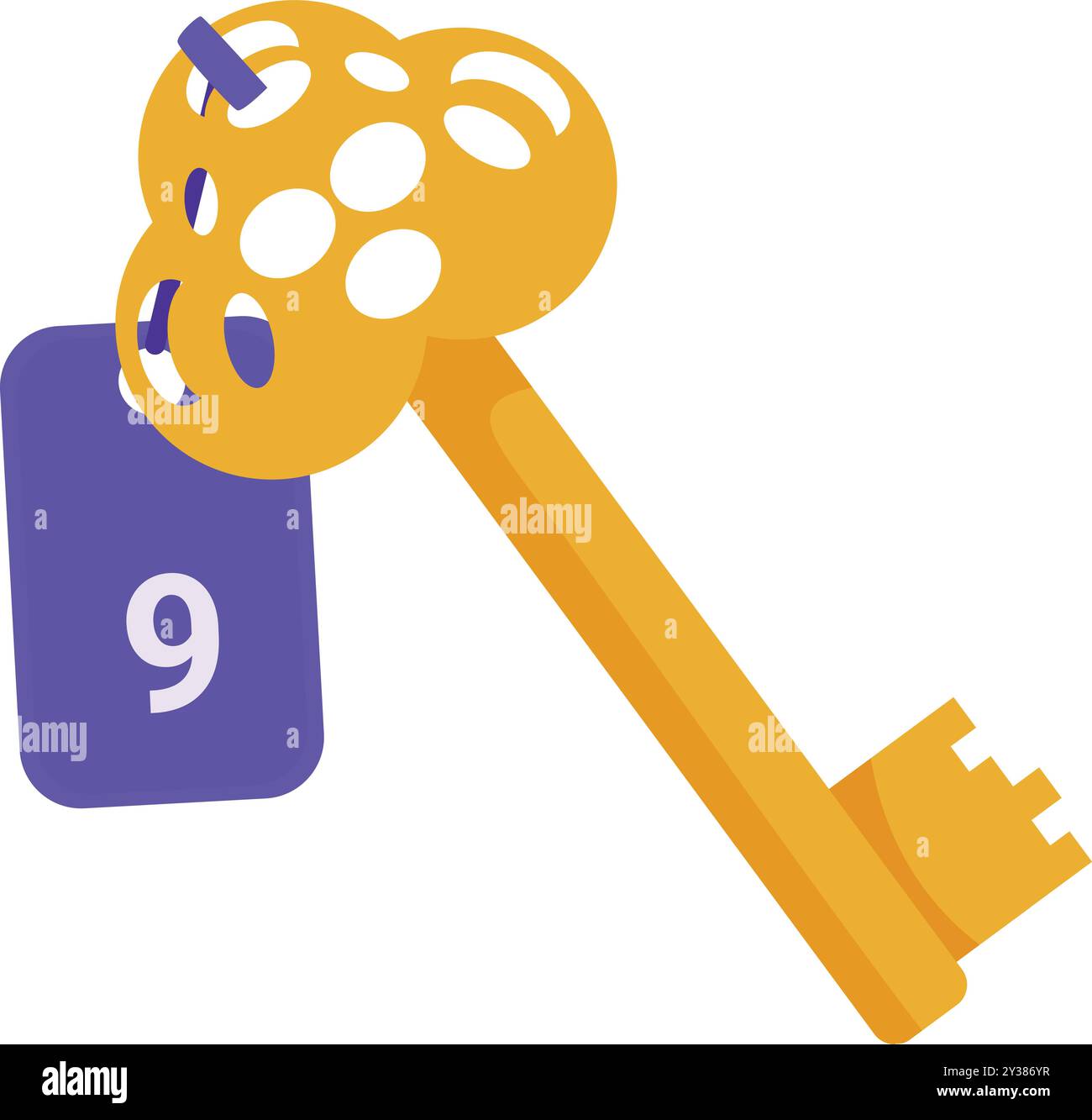Golden key holding purple tag with number nine isolated on white ...