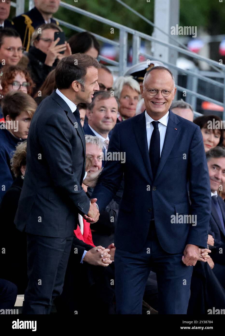 President Emmanuel Macron shakes hands with Mayor of Le Havre Edouard ...