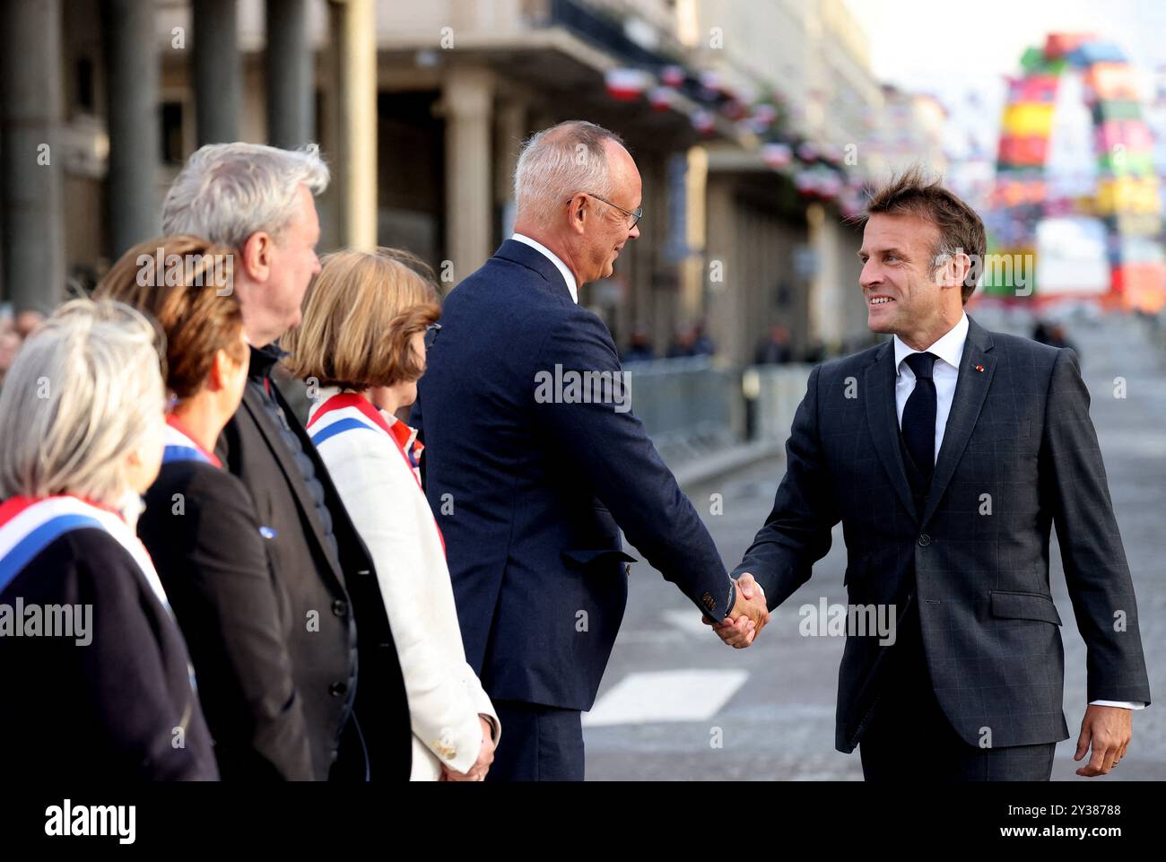President Emmanuel Macron shakes hands with Mayor of Le Havre Edouard ...