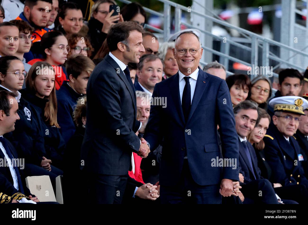 President Emmanuel Macron shakes hands with Mayor of Le Havre Edouard ...