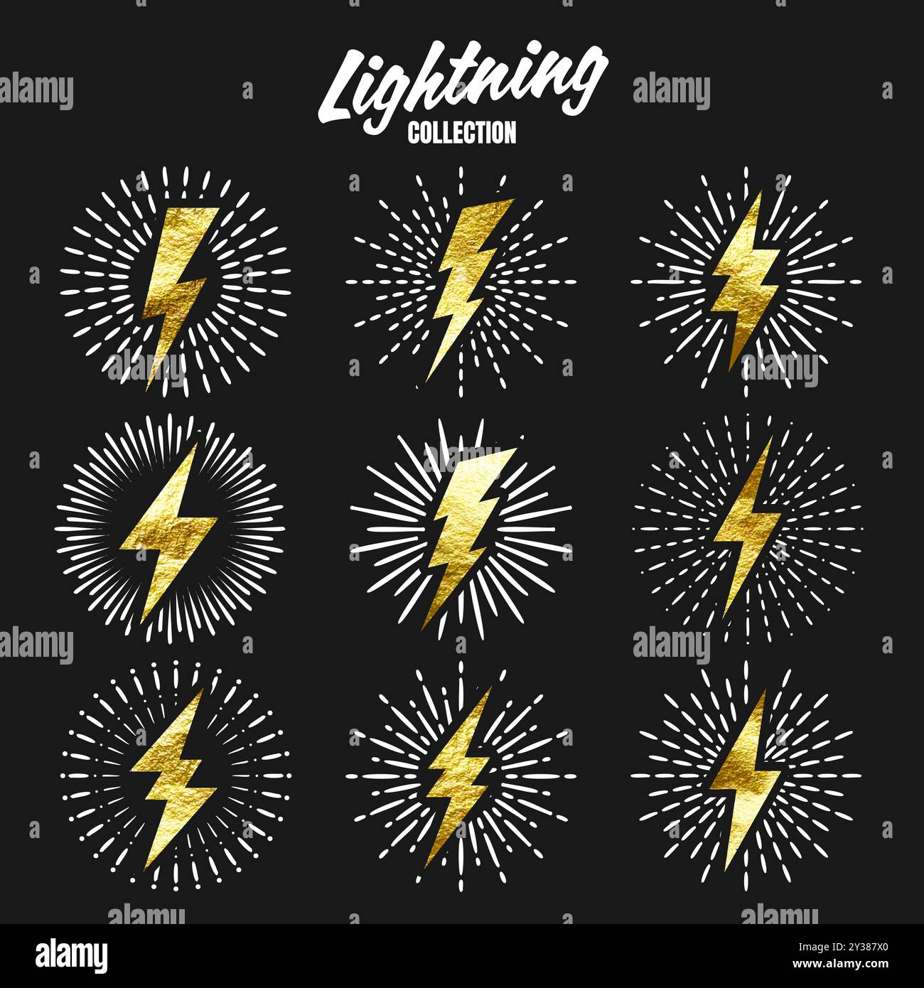 Set of vintage golden lightning bolts and sun rays. Gold foil texture ...