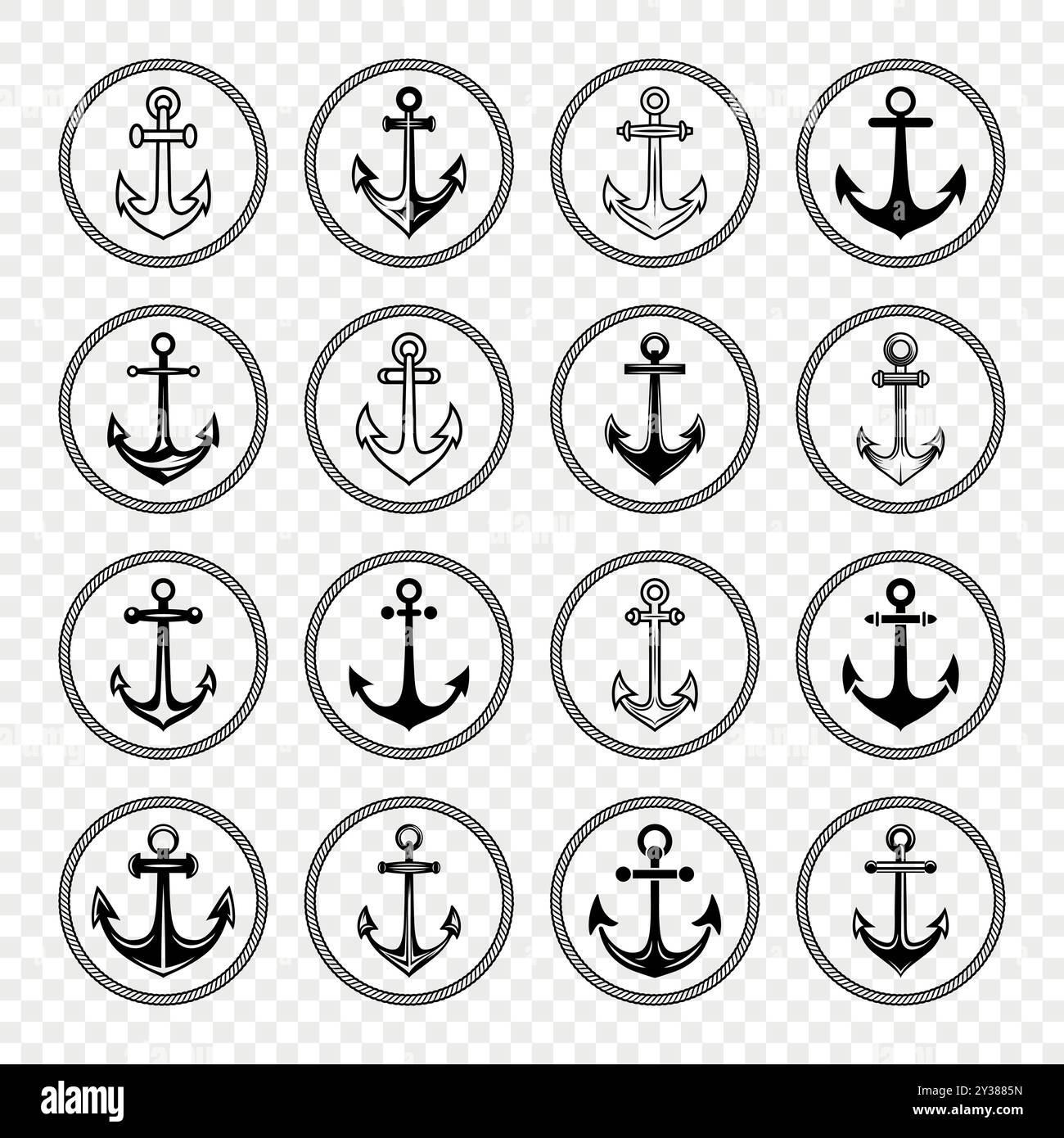 Anchor Icon Set. Flat Monochrome Anchor Shapes in Circular Rope Frame ...