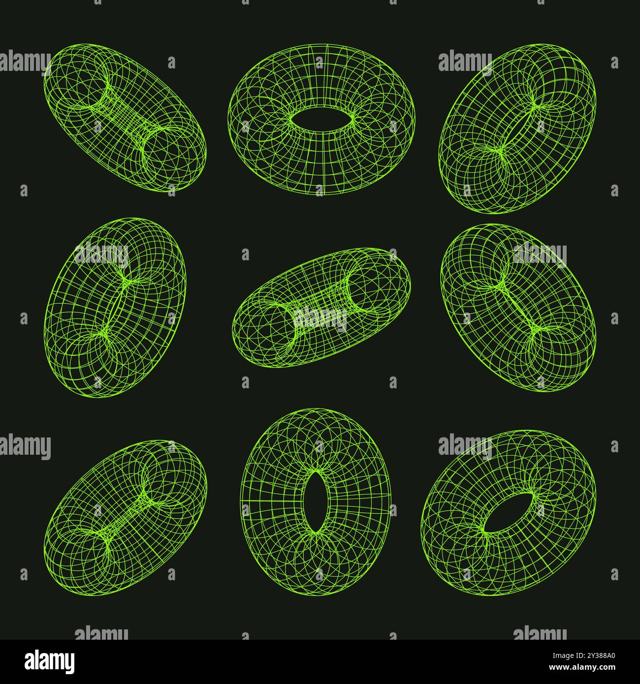 Wireframe shapes, lined torus. Perspective mesh, 3d grid. Low poly ...