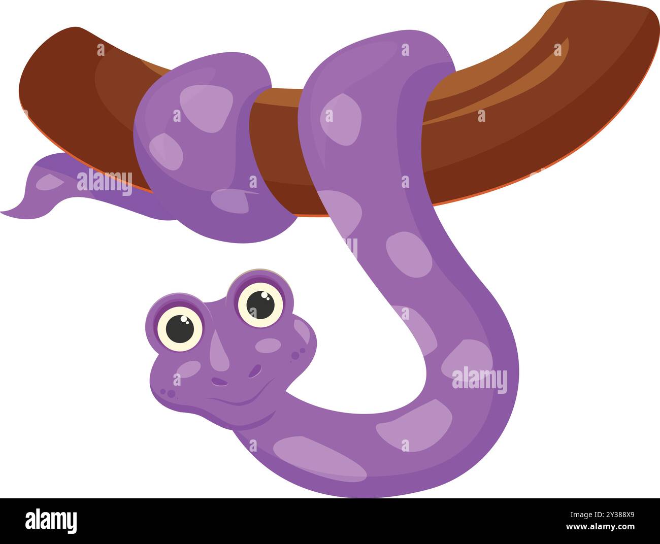 Cartoon illustration of a friendly purple snake hanging on a branch ...