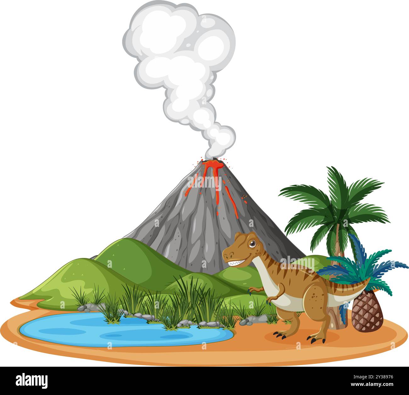 Dinosaur near volcano, palm trees, and pond Stock Vector Image & Art ...