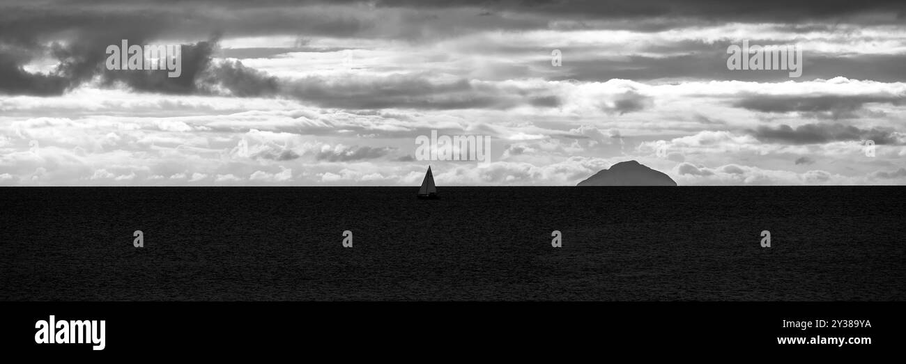Black and White of sailing pass the Island Ailsa Craig, Ayrshire ...