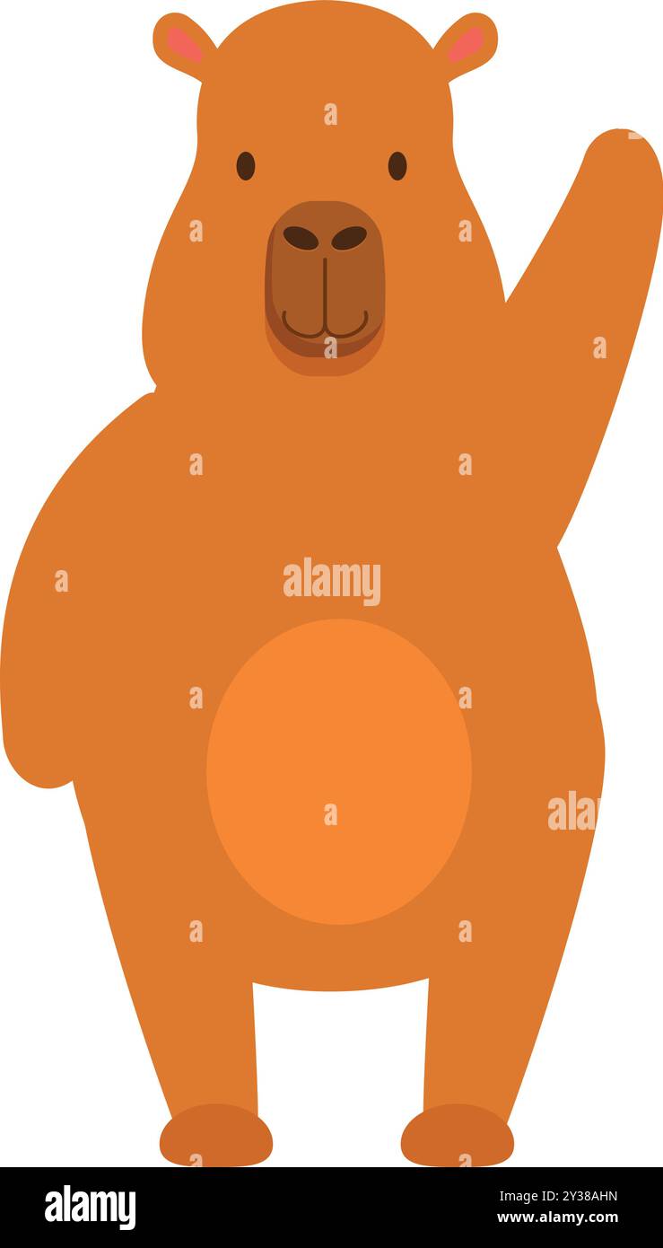 Friendly cartoon capybara is waving its paw while standing on two legs ...