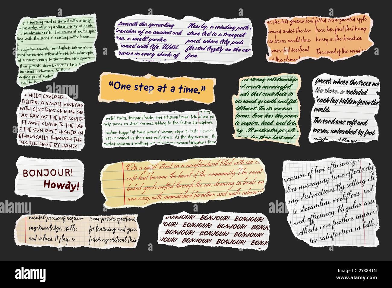 Ripped paper strips with handwritten text. Realistic crumpled paper scraps with torn edges ...