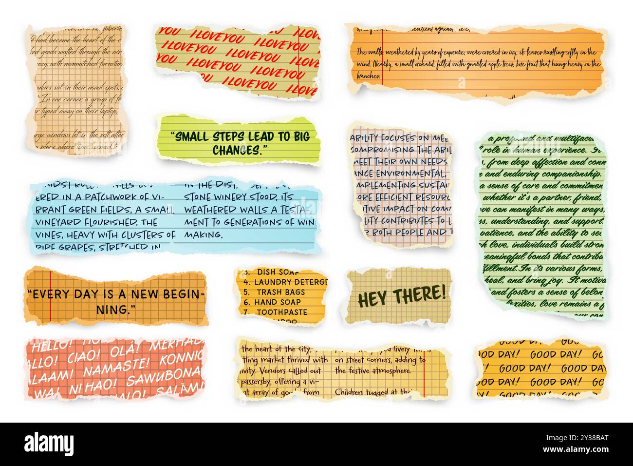 Ripped paper strips with handwritten text. Realistic crumpled paper ...