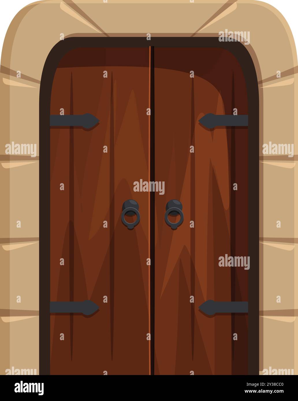 Old heavy closed double leaf door with metal handles and hinges ...