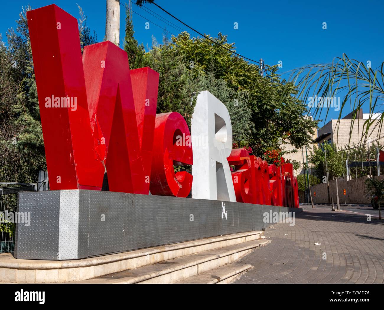 Large red letters in the Old Town district of Ramallah, capital of ...