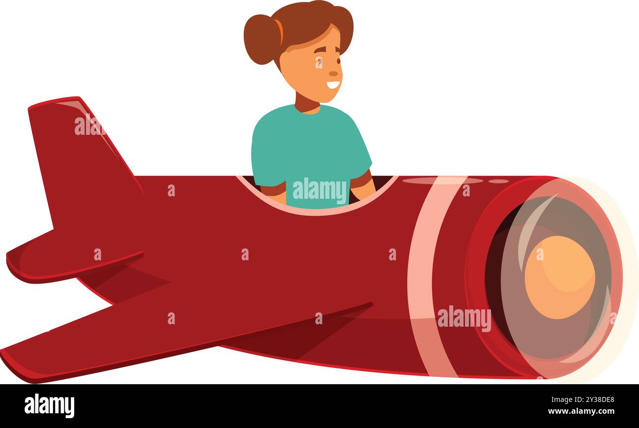 Little girl is flying a red airplane with a determined smile on her ...