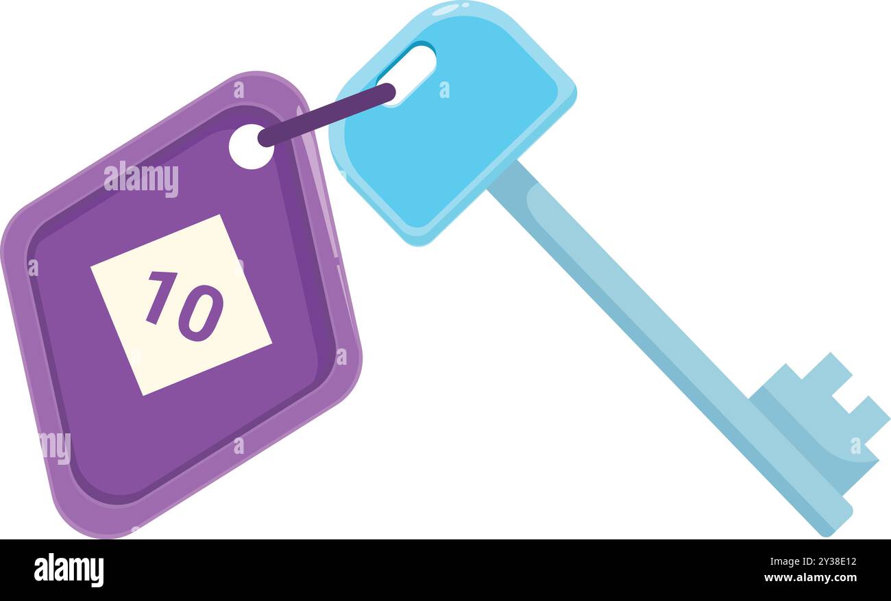 Hotel room key with purple fob showing number ten is isolated on white ...