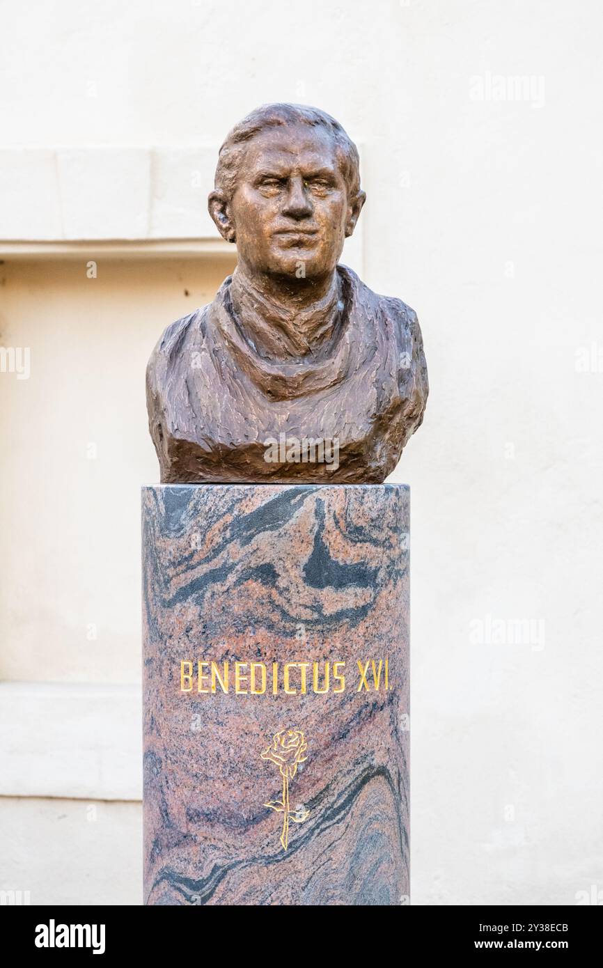 A detailed bust of Benedictus XVI stands prominently in Stara Boleslav ...