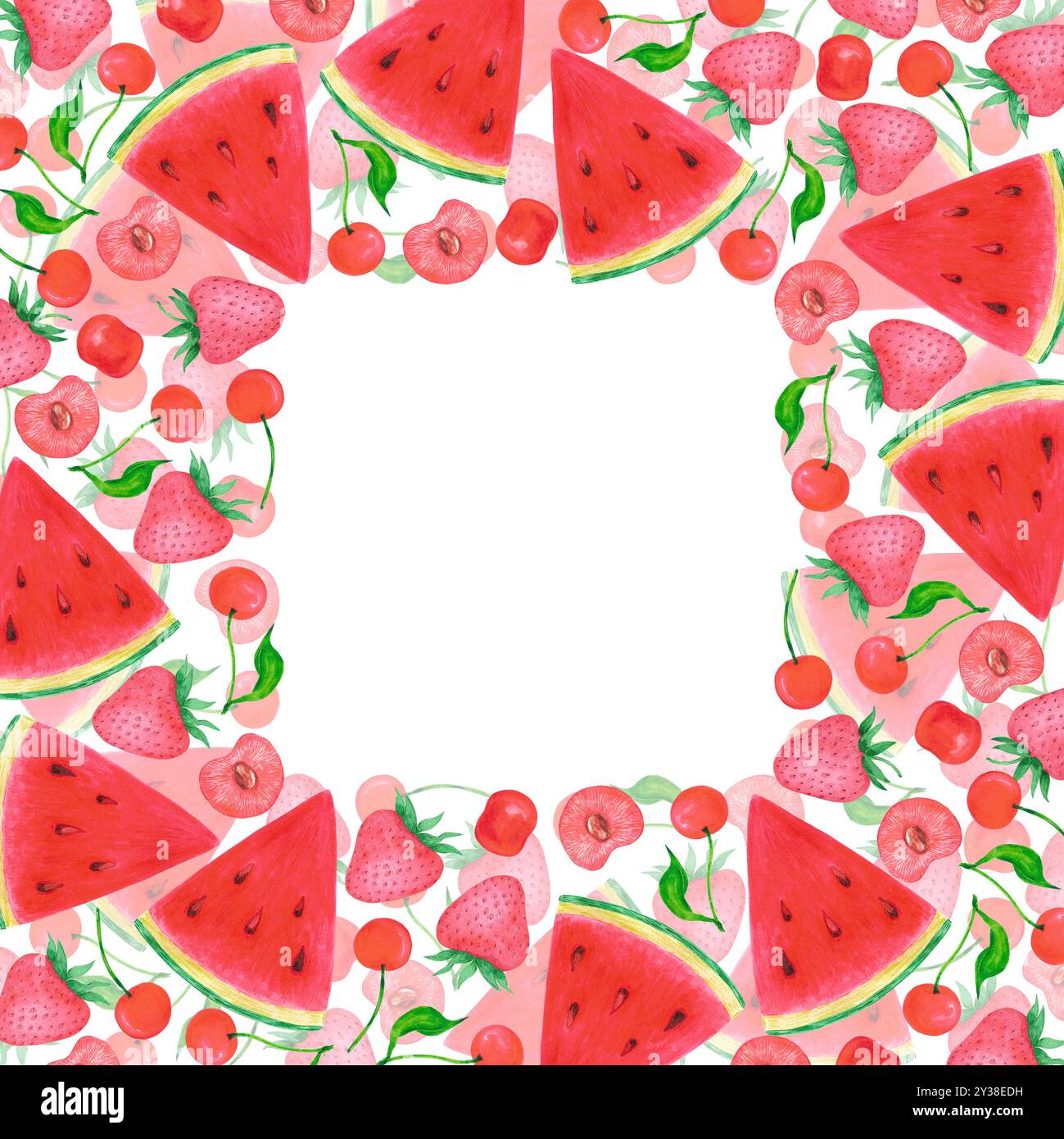 Hand drawn watercolor ripe berries and watermelon frame border isolated ...