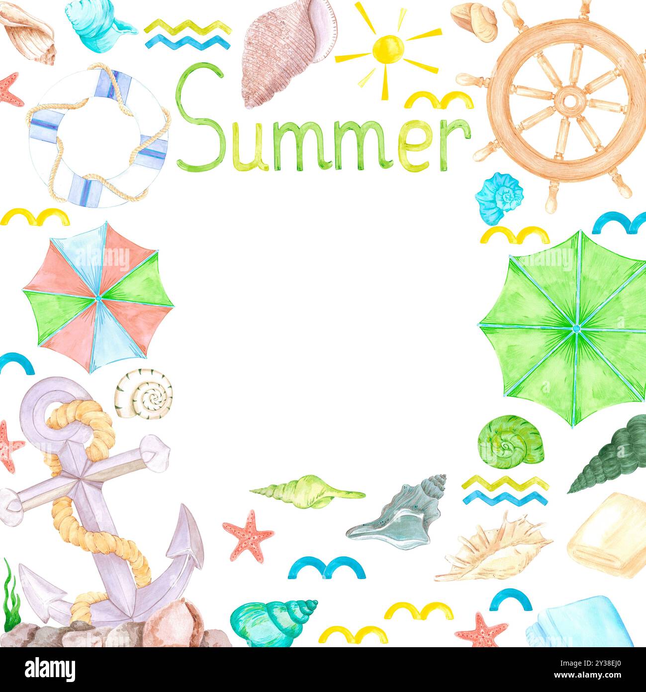 Hand drawn watercolor summer frame border isolated on white background ...