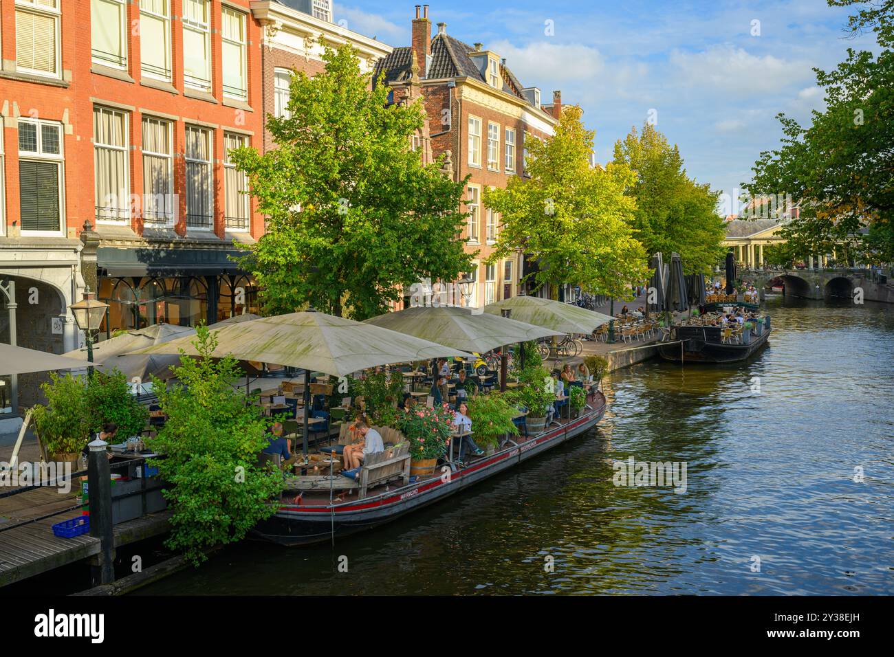 Having early evening drinks on the water at the Nieuwe Rijn, Leiden ...