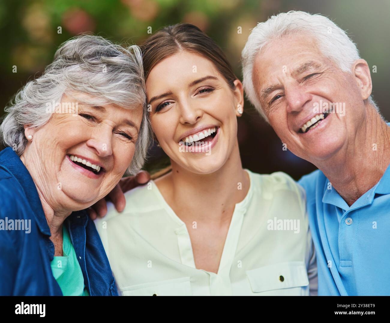 Nature, senior parents and woman in portrait for laughing, connection ...
