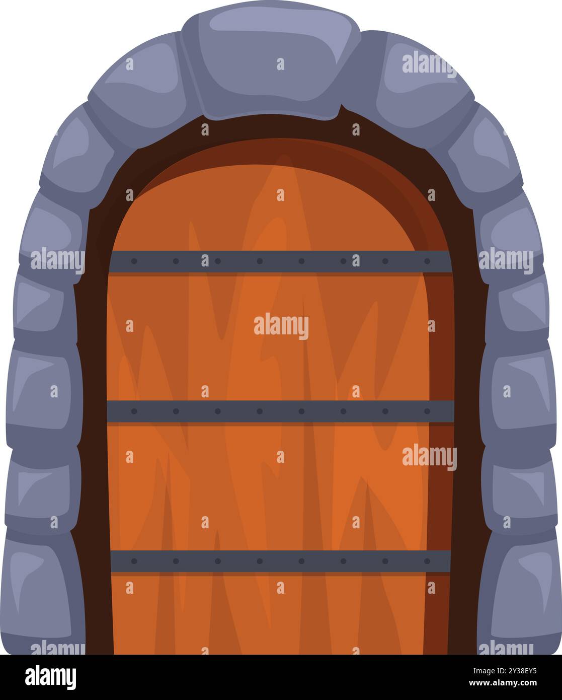 Cartoon style illustration of an old wooden door with stone archway ...