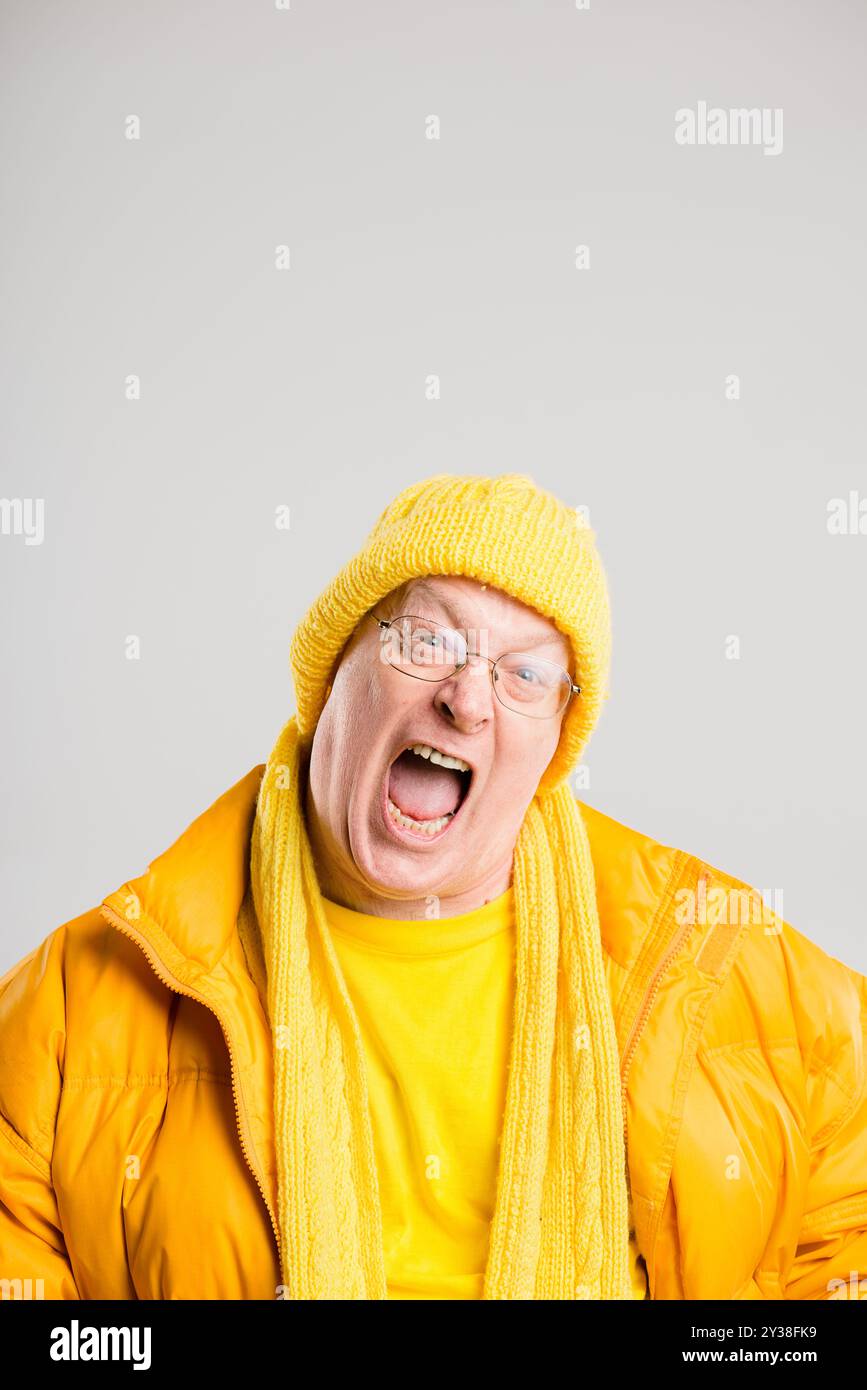 Shouting, screaming and portrait of man on gray background with anger ...