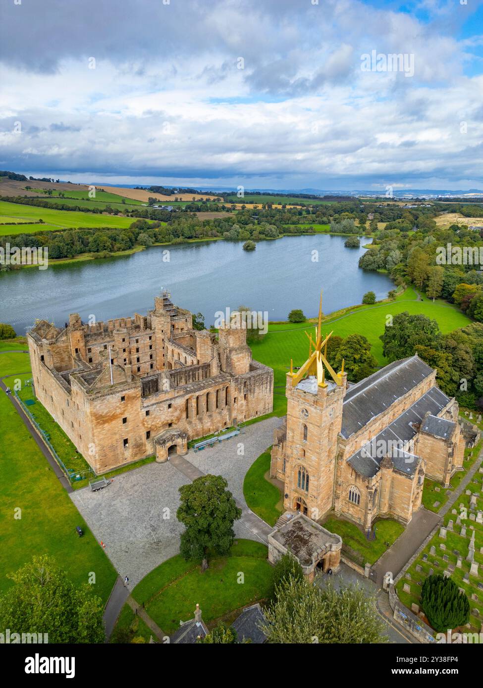 Aerial view from drone of Linlithgow Palace and St Michaels Parish ...