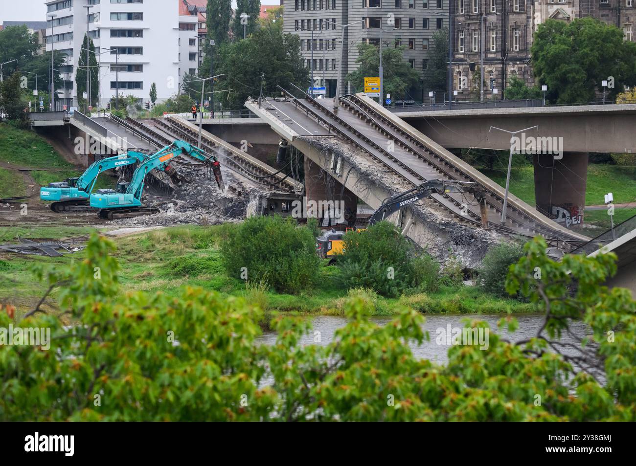 Dresden, Germany. 13th Sep, 2024. Excavators are used to demolish ...